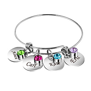 Fanery Sue Personalized Custom Name Expandable Wire Bangle Charm Bracelet with Birthstone for Mother