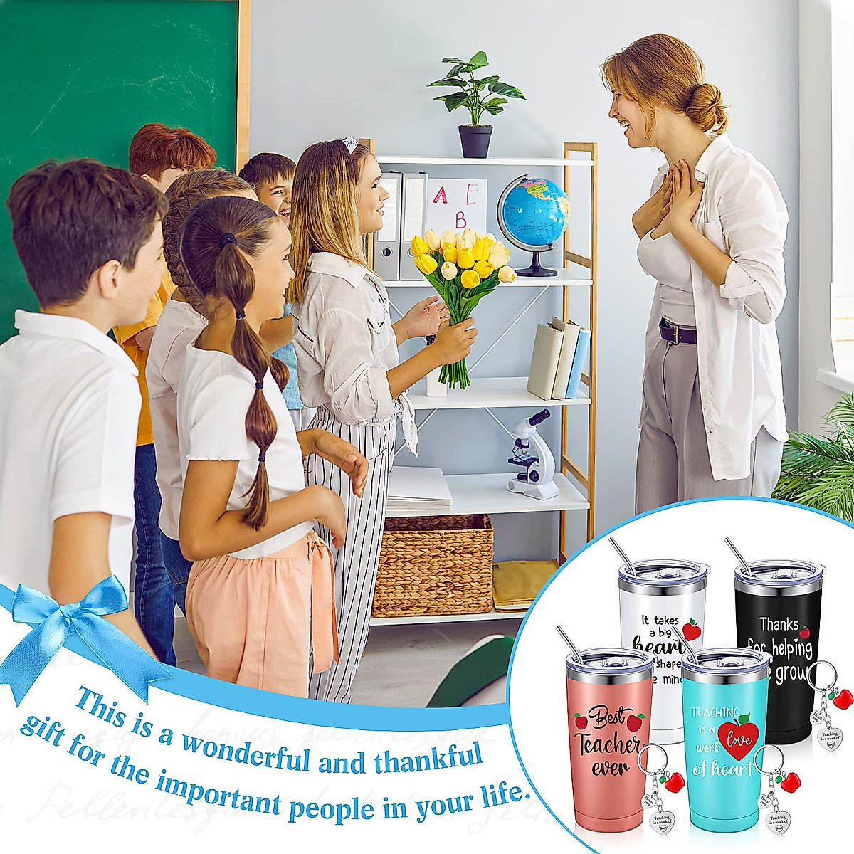 Yinder 8 Pcs Teacher Appreciation Gifts with 4 Pcs 12 oz Teacher Tumbler Stainless Steel Mug with 4 Heart Keychain for Teacher Week, Thank You Gifts End of the Year Teacher Mug for Women Men(Apple)