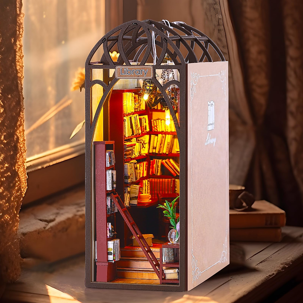 Book Nook Kit, DIY Miniature Dollhouse Booknook Kit, 3D Wooden Puzzle Bookend Bookshelf Insert Decor with LED Light for Adults and Teens, Gifts for Family and Friends (Library)