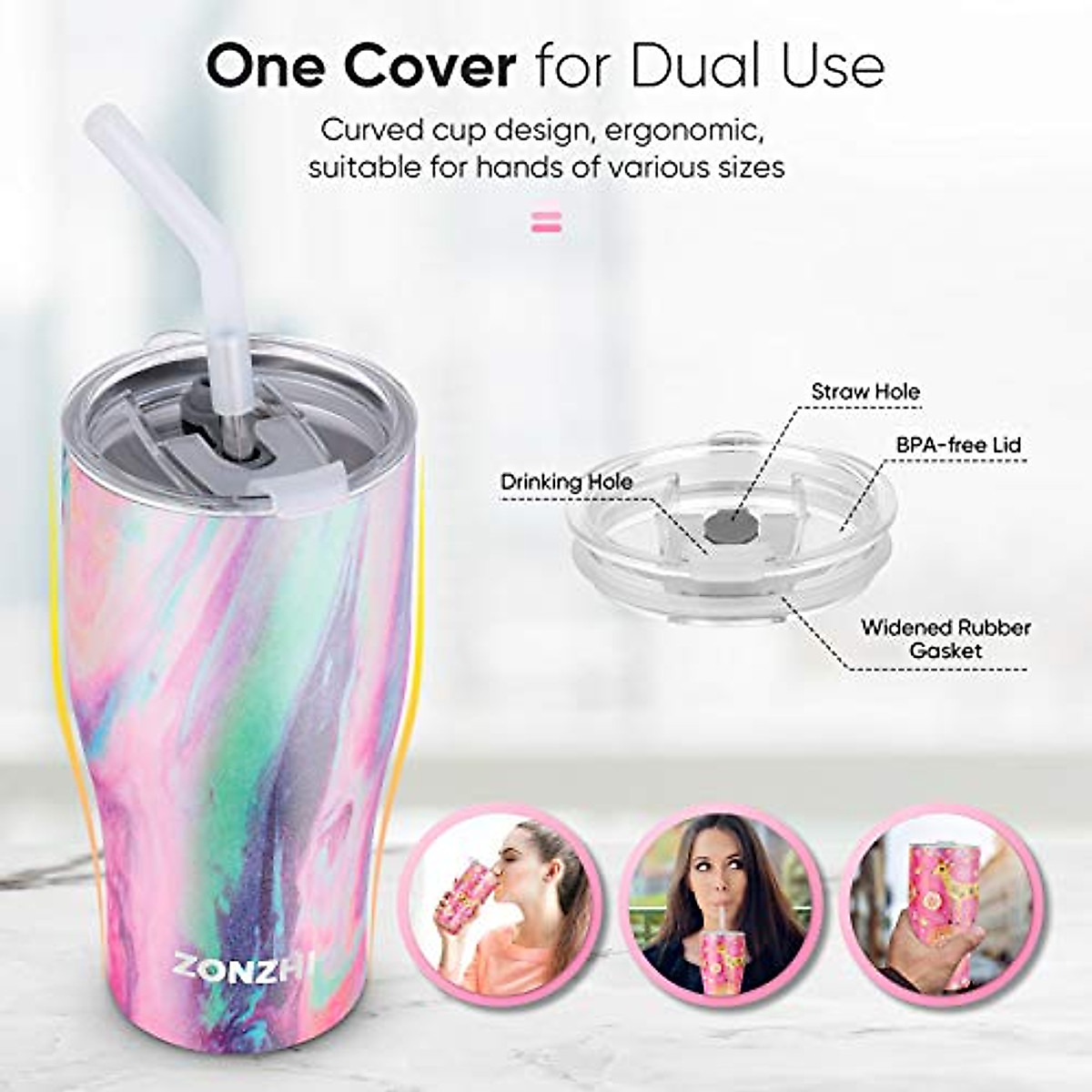 ZONZHI 17oz(500ml) Insulated Tumbler with Lids and Straws & Free Cleaning Brush, Small Reusable Stainless Steel Iced Coffee Tumbler Travel Mug Wine Cup,Keep Drinks Cold 6 Hours,Hot 3 Hours - Rainbow