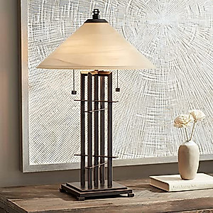 Franklin Iron Works Metro Collection 23 1/2" High Planes 'n' Posts Small Farmhouse Rustic Modern Accent Table Lamps Set of 2 Pull Chain Metal Amber Art Glass Shade Living Room Bedroom Bedside
