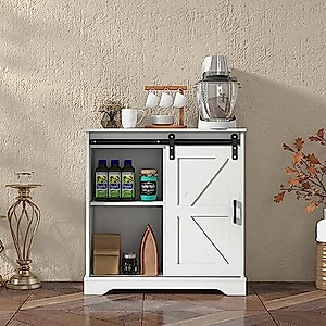 Panana Sliding Barn Door Buffet Sideboard Storage Cabinet Coffee Bar Kitchen Farmhouse Style (White Cabinet)