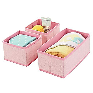 mDesign Fabric Drawer Divider Organizer Bins, Nursery/Bedroom Dresser, Closet, Shelf, Playroom Organization, Hold Clothes, Toys, Diapers, Bibs, Lido Collection, Set of 3, 4 Pack, Pink Herringbone