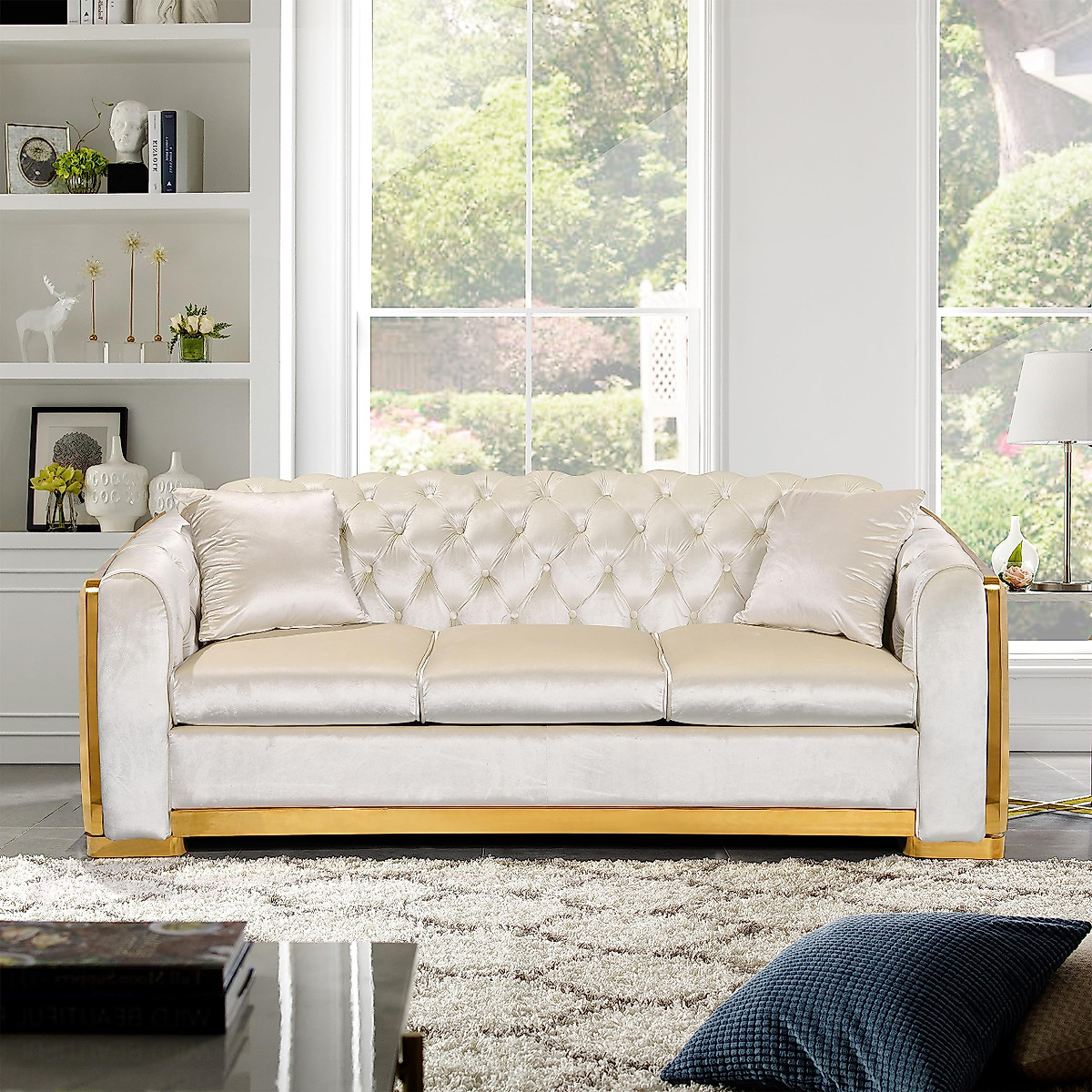 kevinplus 81'' Velvet Chesterfield Sofa Couch for Living Room, Modern Tufted Upholstered 3-Seat Sofa Couch with Stainless Steel Gold Plating Decoration for Apartment Office, Beige & Gold