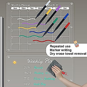 Merrynine 2 Pack Magnetic Calendar for Refrigerator,Acrylic Fridge Calendar,Clear Dry Erase Reusable Planning Boards with 6 Marker Pen,Case,Towel,2 Screw Stickers (16"X12", Monthly + Blank Memo)