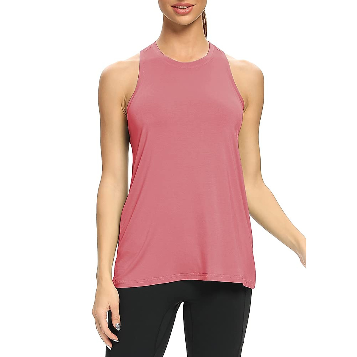 Mippo Workout Shirts for Women Loose Fit Long Tank Tops Yoga Tops Gym Shirt Athletic Wear Ladies Workout Top Tennis Clothes Active Tops Fitness Apparel for Women Rose L