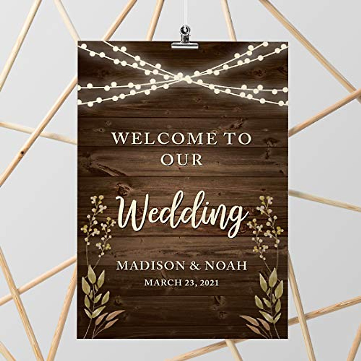 Andaz Press Personalized Extra Large Wedding Easel Board Party Sign, 12x18-inch, Rustic Wood with Hanging Ball Lights and Florals, Welcome to Our Wedding Bride Groom Name Date, 1-Pack, Custom