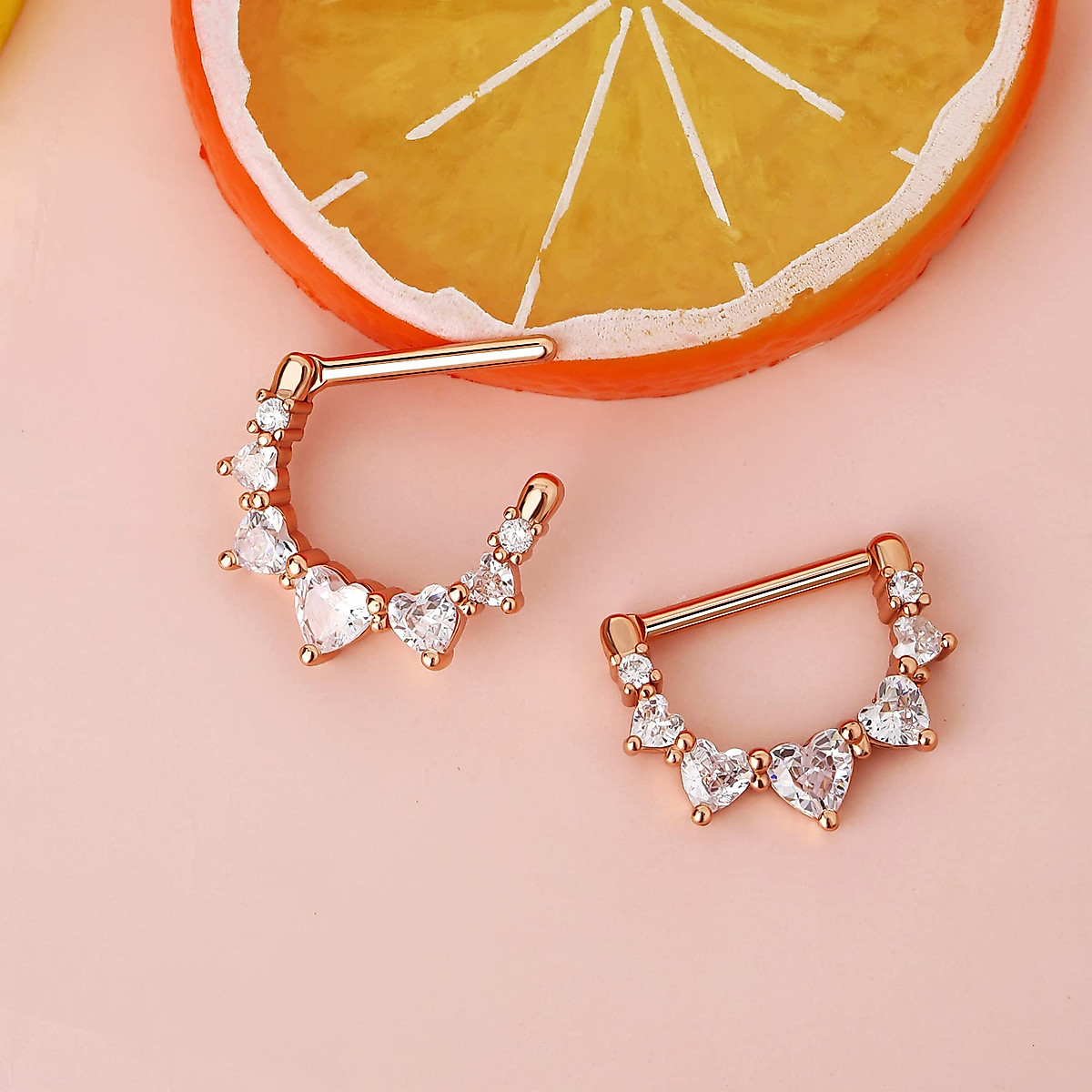 Melighting 2pcs 14G Nipple Ring Surgial Steel 316L Nipple Piercing Jewelry Shiny Heart Clear CZ Nipple Bars Nipple Barbell for Women Rose Gold 14mm