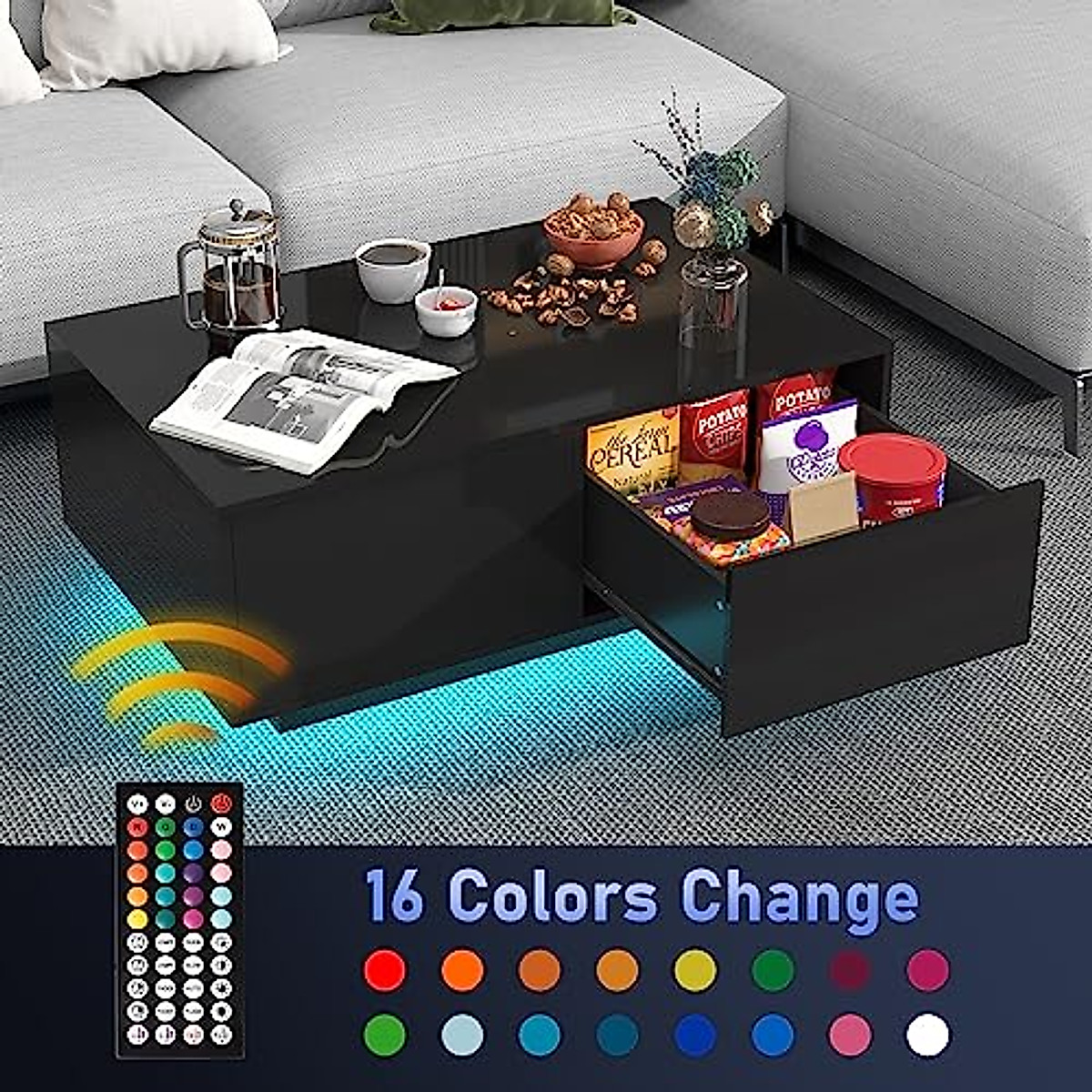 SUSSURRO LED Coffee Table with 4 Storage Sliding Drawers, High Glossy Modern Center Table with 20 Colors LED Lights for Living Room Bedroom,(Style-1 Black)