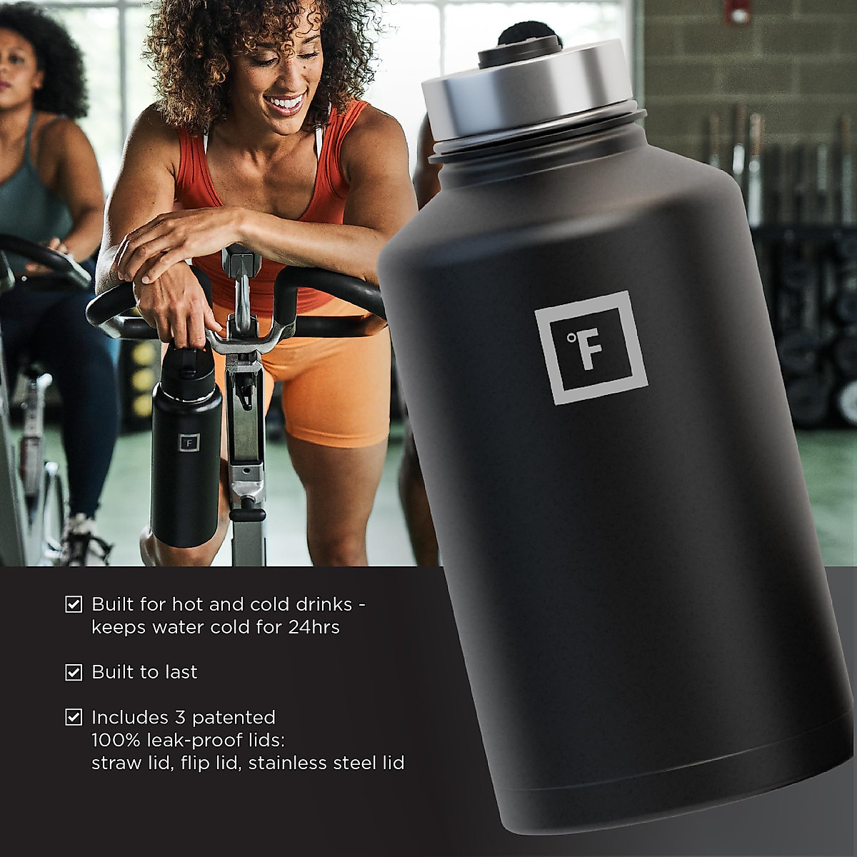 IRON °FLASK Camping & Hiking Hydration Flask, Wide Mouth, 3 Straw Lids, Stainless Steel Outdoor Water Bottle, Double Walled, Insulated Thermos, Metal Canteen - Midnight Black, 64 Oz