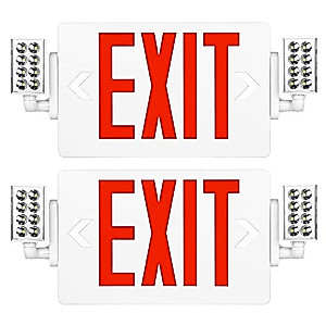 Hykolity Red Exit Sign, 120-277V Double Face LED Combo Emergency Light with Adjustable Two Head and Backup Battery, 2 Pack