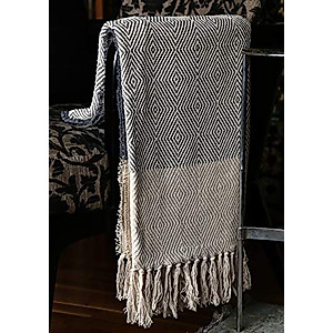 Farmhouse Throw Blanket with Long Tassels - 50x60 Inch Soft Vintage Decorative Grey Throws for Sofa Chairs Couch and Home Decor