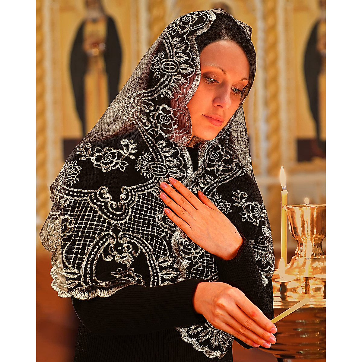 Bozidol Church Veil Lace Mantilla - Triangle Virgin Mary Head Covering Spanish Veil for Women