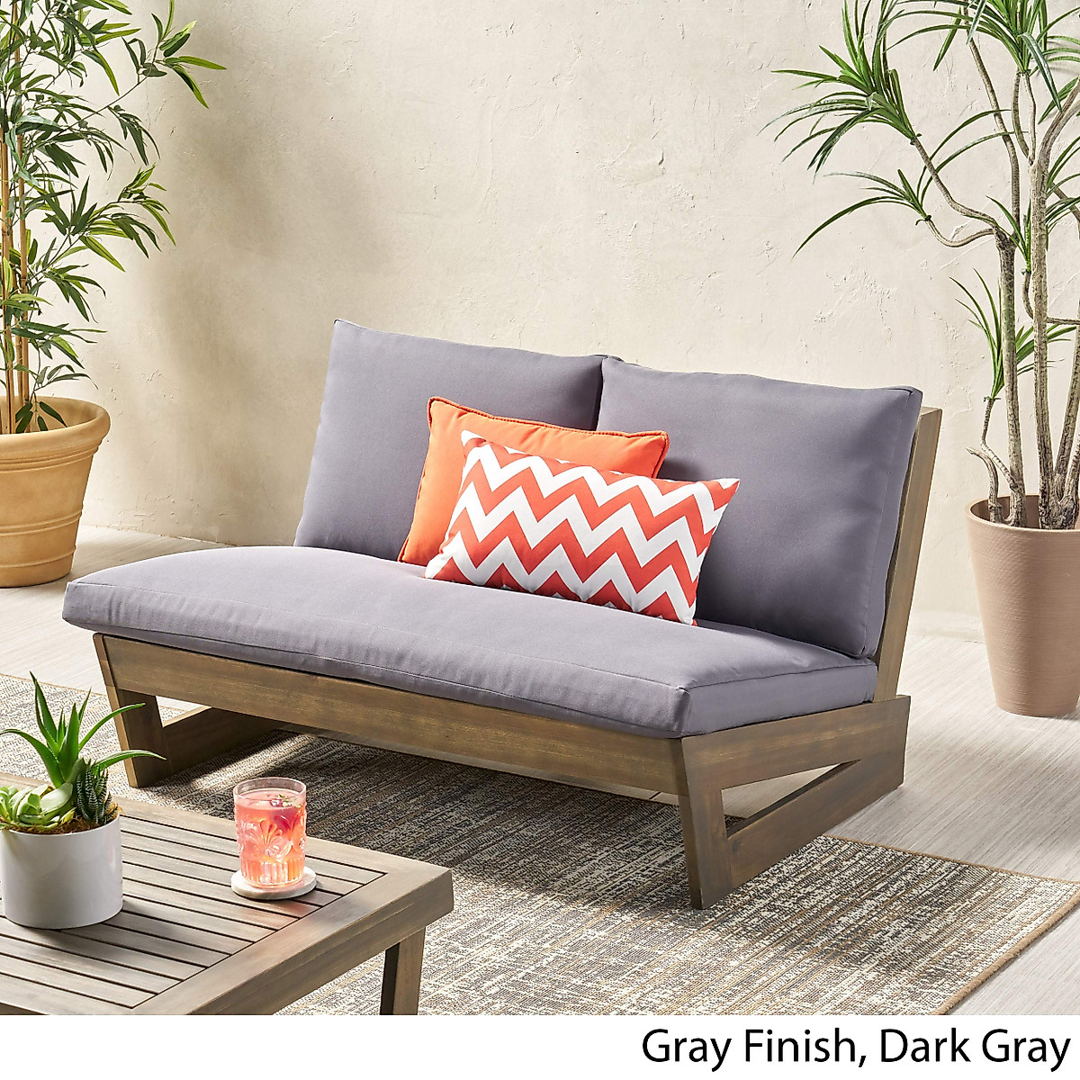 GDFStudio Outdoor Acacia Wood Loveseat with Cushions, Gray and Dark Gray