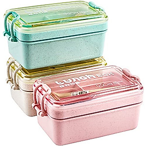 Yesland 3 Packs Bento Box, Wheat Straw 3-In-1 Compartment Japanese Lunch Box with Spoon and Fork, 2 Tier Stackable Lunch Containers for Kids and Adults (Beige, Pink & Green, 950Ml)
