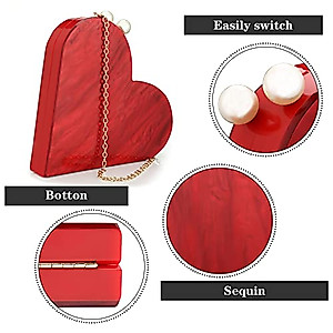 Women Heart Shaped Handbag Acrylic Clutch Purse Chic Shoulder Bag Evening Tote for Party Wedding (Red) One Size