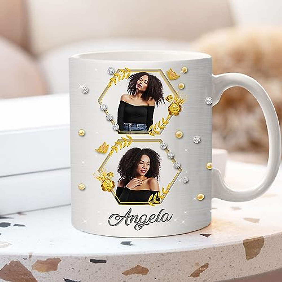 White Ceramic Coffee Mug Photo Mugs Personalized Picture Custom Name Birthday Gifts For Black Women Friends Girls Jewelry Style Novelty Tea Cup Table Desk Accessories 11 And 15 Oz