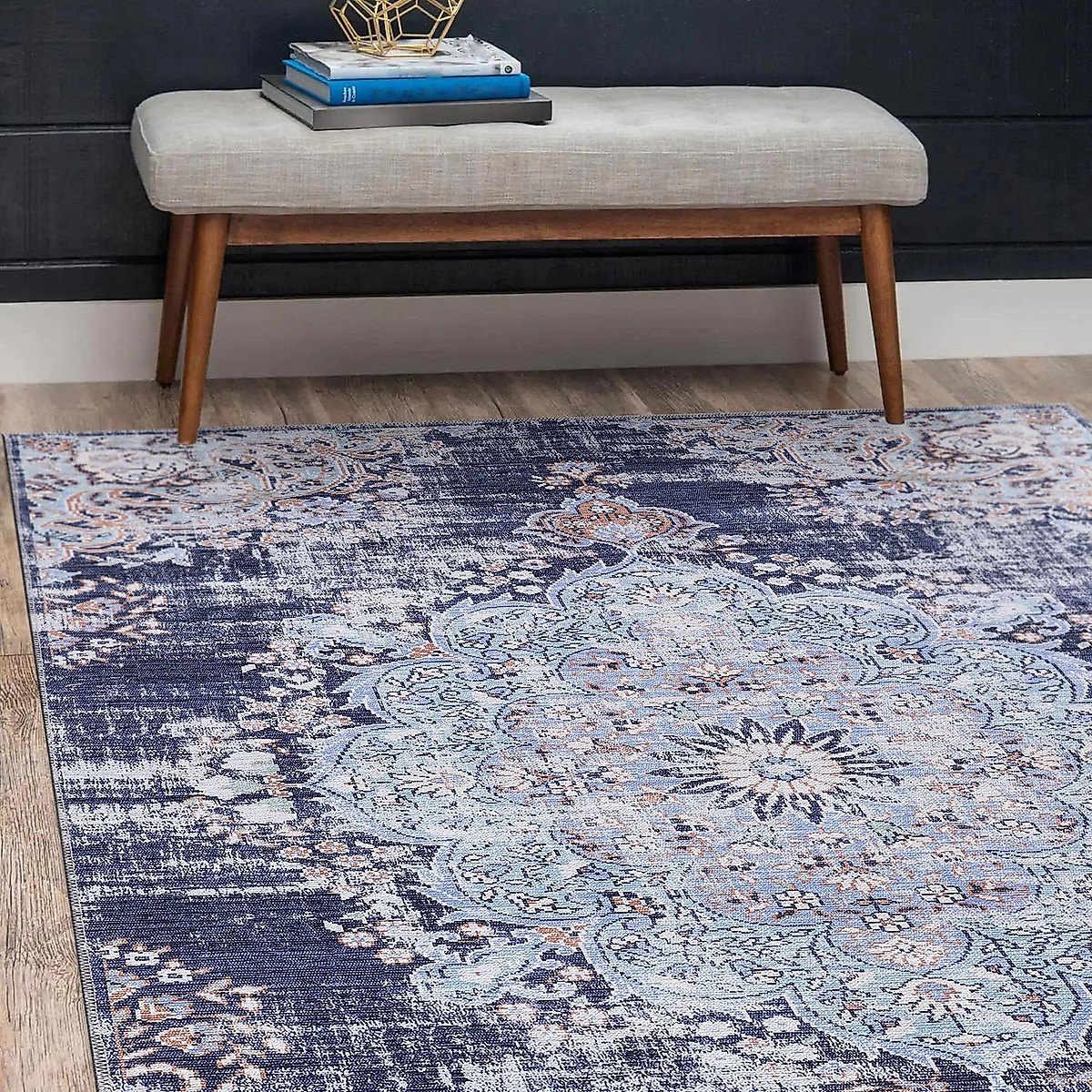 CAMILSON Machine Washable Area Rugs with Non Slip (Anti-Slip) Backing for Living Room Bedroom, Distressed Vintage Washable Rug 5x7, Stain and Water Resistant, Bohemian Indoor Carpet (5 x 7, Blue)