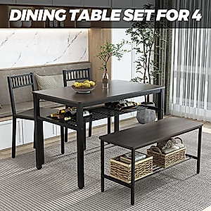 Bigbiglife Dining Table Set for 4, Kitchen Table with 2 Chairs and 1 Bench, Dining Table Set with 2 Storage Racks and 4 S-Hooks, Modern Design for Small Space Home Kitchen, Dark Grey