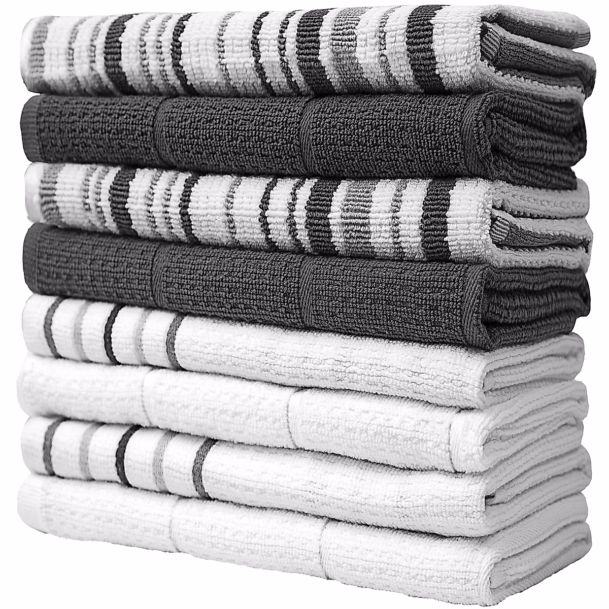 Pack of 8 Premium Kitchen Towels Set - Striped Waffle Yarn Dyed Kitchen Hand Towels - Large, 420 GSM, Ultra Absorbent - Dish Towels for Drying Dishes - Cotton Tea Towels - Kitchen Hand Towels - Grey