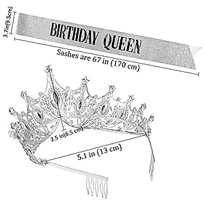COCIDE Birthday Queen Sash & Crystal Tiara Set Birthday Silver Tiara and Crowns for Women Birthday Sash for Girls Birthday Decorations Set Rhinestone Headband Hair Accessories Glitter Sashes for Party
