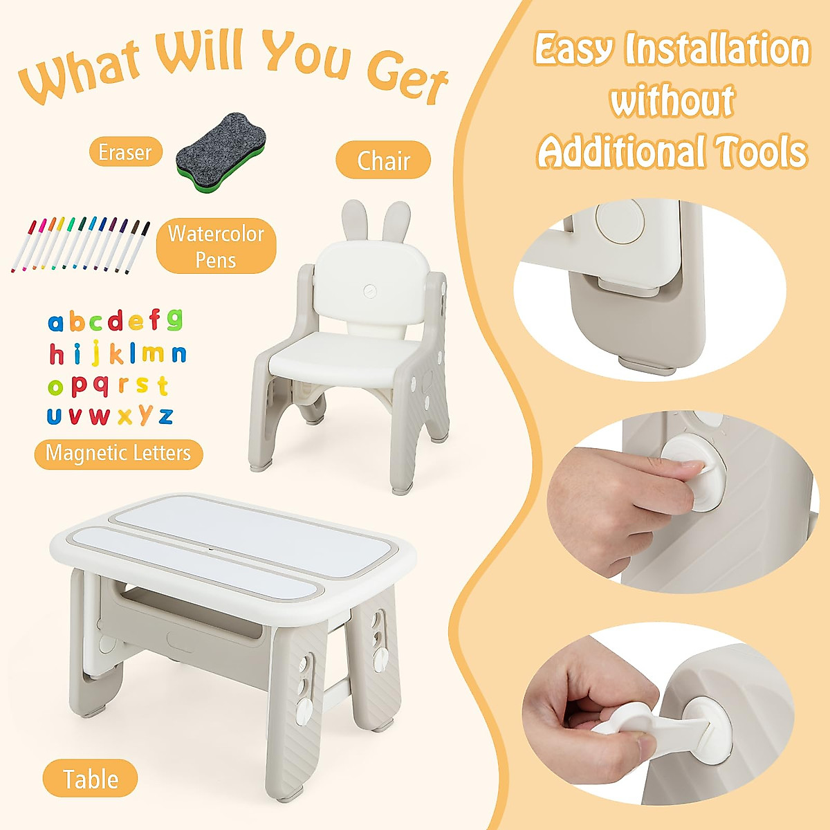 Costzon Kids Table and Chair Set, Graffiti Activity Table w/Flip-Top Tabletop Bookshelf, Erasable Magnetic Drawing Board, Storage, Adjustable Height for Drawing, Toddlers Art Table & Chair (Gray)