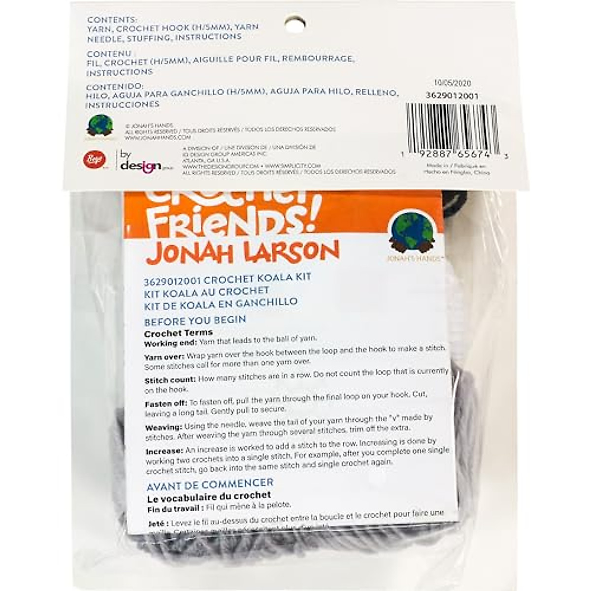 Boye 3629012001 Jonah's Hands Stuffed Koala Crochet Kit for Beginners, 7 pcs, Multicolor