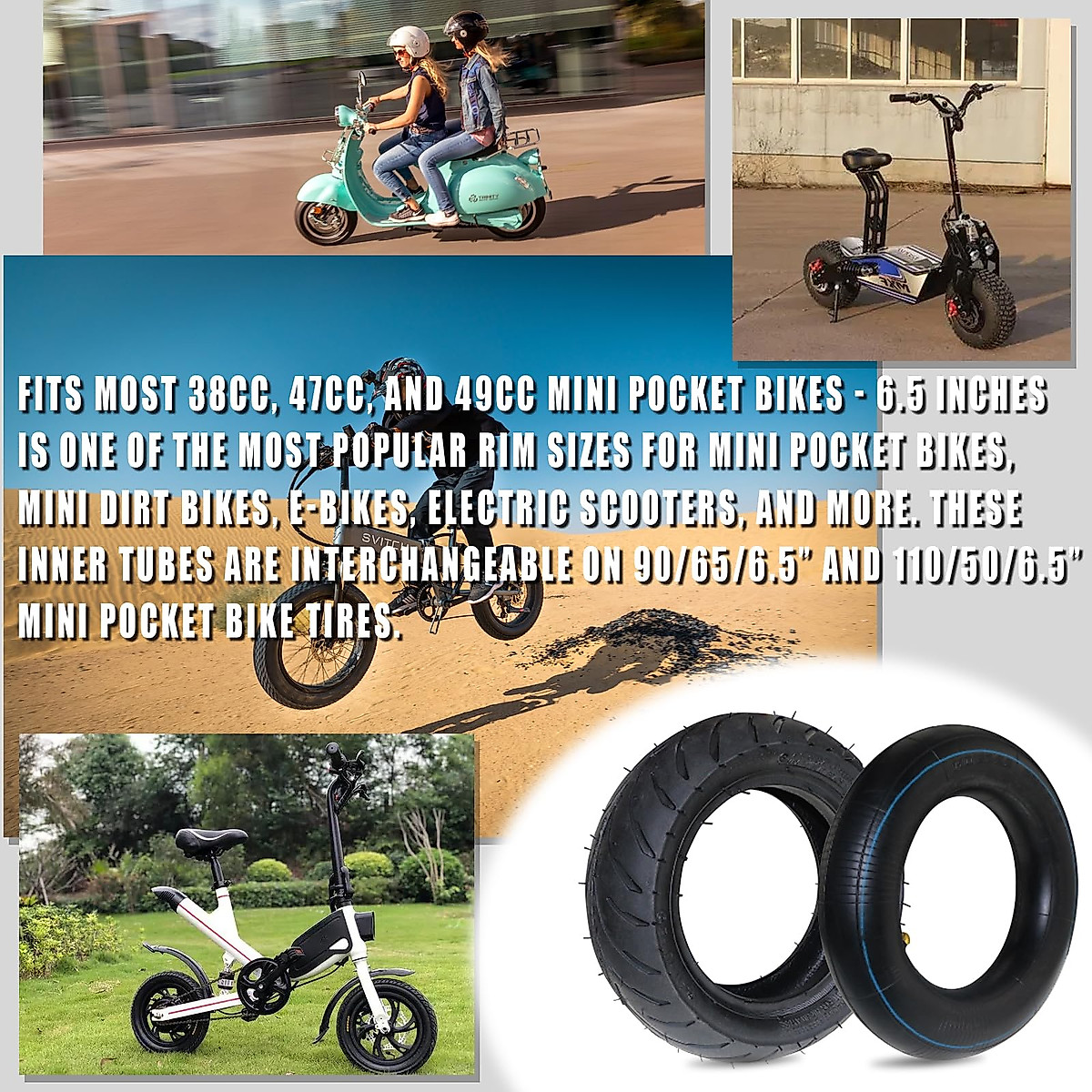 New Olym 90/65-6.5 110/50-6.5" Motorcycle Dirt Bike Front Rear Tire and Inner Tube for 49cc Lucky 7 Cag MTA1 MTA2 GP-RSR X-Treme MotoTec Fit Heavy Duty Mini Dirt Bike Parts 2 Pack