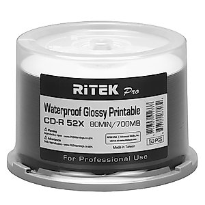 50 Pack Ritek Pro (Professional Grade) CD-R 52X 700MB Watershield Water Resistant Glossy White Inkjet Hub Printable Blank Recordable Disc,Light green,R80JS52-RTPWGN50CB