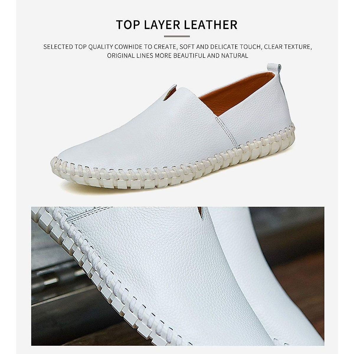 Men's Genuine Leather Loafer Shoes Slip On Soft Walking Driving Shoes,White,45EU=10.5 M US