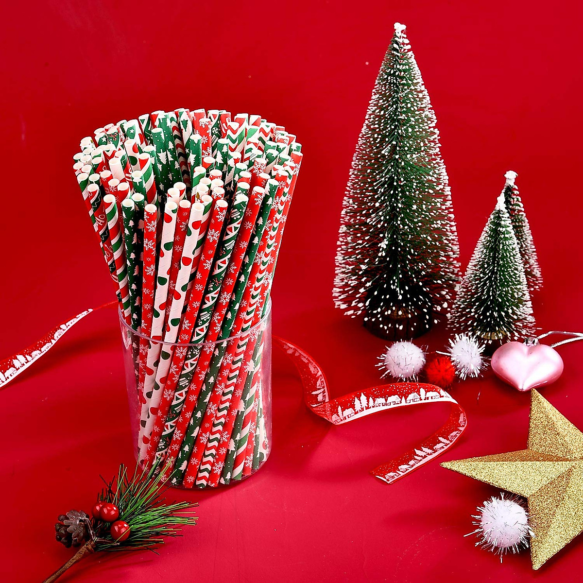 200 Pieces Christmas Paper Straws Striped Dot Drinking Straws Decorative Straws with Christmas Tree Star Snowflake Gift Crutches Pattern for Christmas Party Supplies, 8 Styles