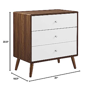 Modway Transmit Mid-Century Modern Wood Walnut White, 3-Drawer Chest