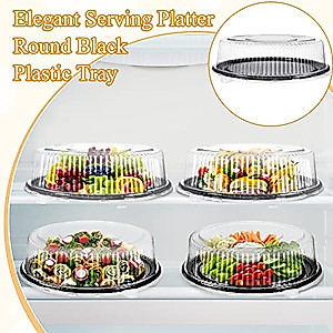 Tessco 12 Pack 16 Inch Heavy Duty Serving Tray with Clear Lid and Sporks, Large Plastic Tray with Elegant Platter Round Black Disposable for Fruit Sandwich Party Takeout Food Catering Picnic