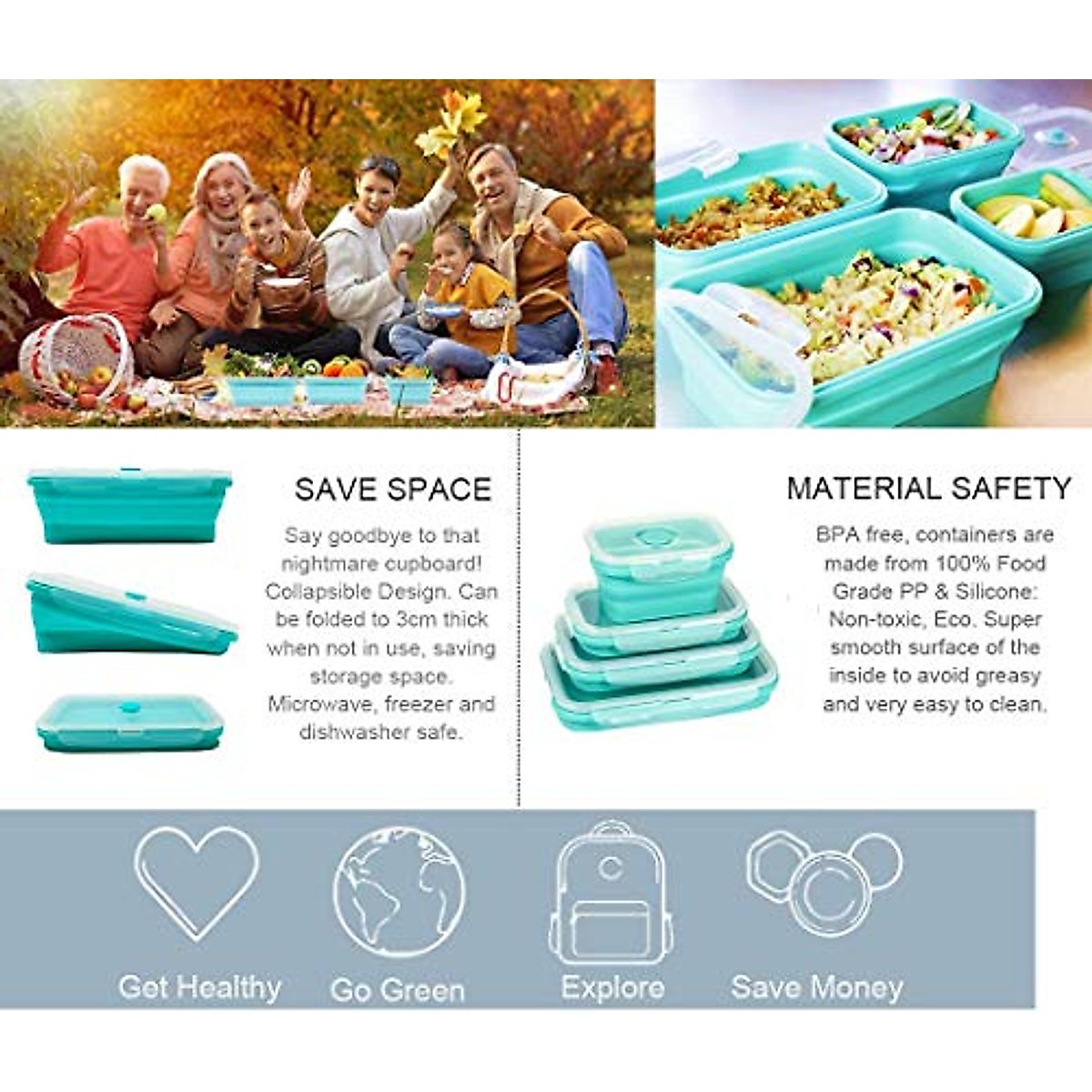 Collapsible Silicone Food Storage Container Set of 4 with Lids | Stackable - Space Saving | Microwaveable | Freezer, Dishwasher Safe| BPA Free|Collapsible Leftover or Meal Prep Lunch Box Containers