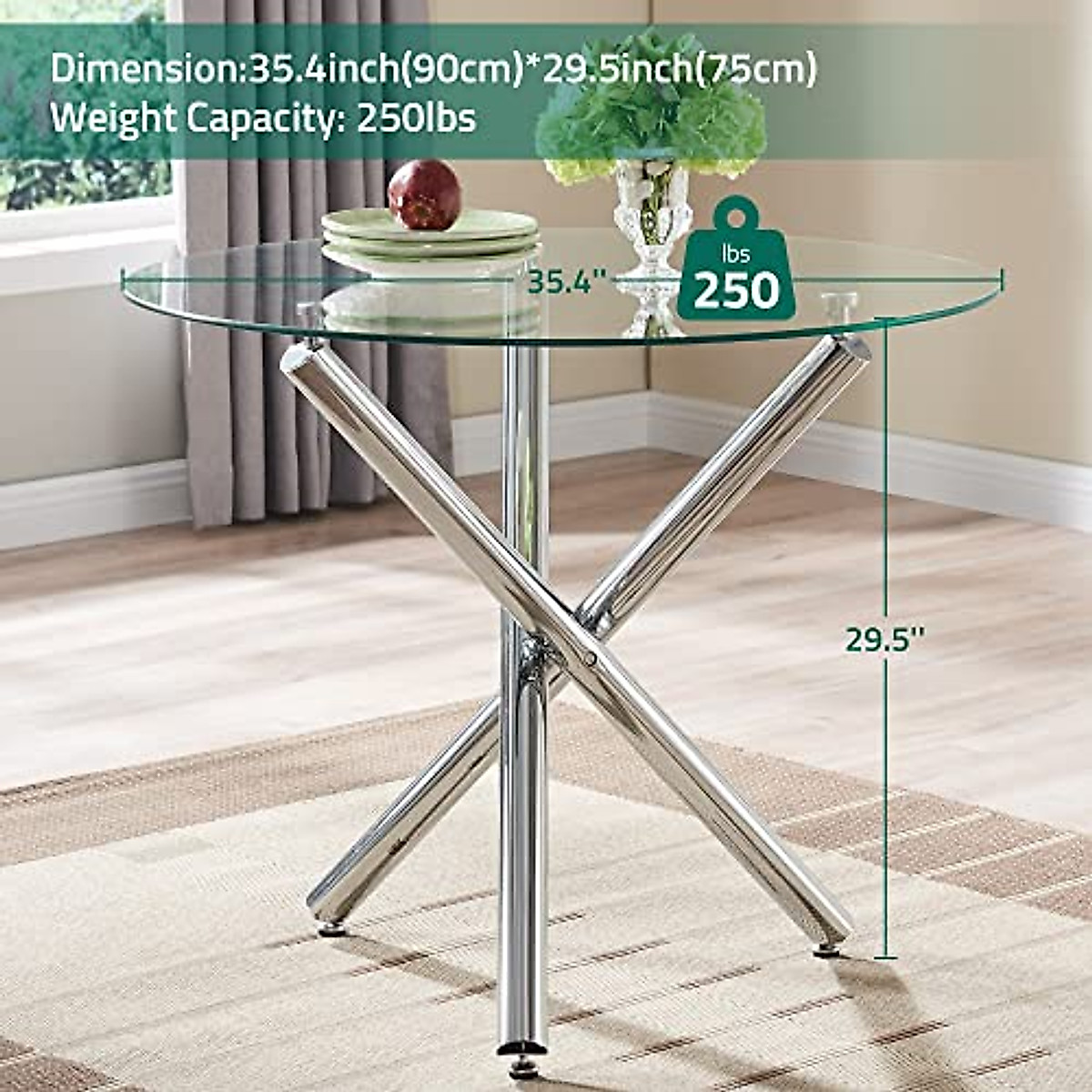 Round Glass Dining Table for 2 to 4 Person - 35.4" Inch Kitchen Dining Room Table with Tempered Glass Top, Sturdy Chrome Legs, Modern Circle Leisure Table for Dinner Apartment Small Spaces