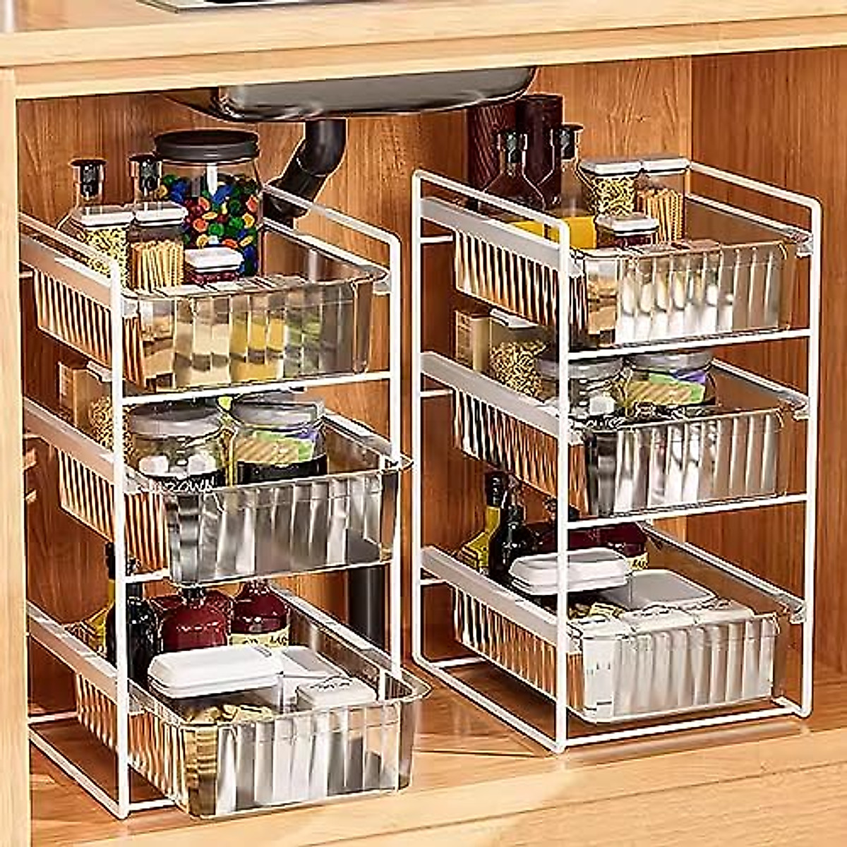 Atkits Clear Under Sink Organizers and Storage Under Sink Kitchen Organizer Pull Out 2-Tier Under Sink Cabinet Organizer with Sliding Storage Drawer,White,3 Tier