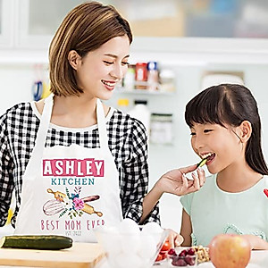 Personalized White Kitchen Apron Gifts for Women - 9 Cute Designs w/Name Text - Custom Bbq Grilling Cooking Aprons for Chef w/Pocket - Customized Floral Kitchen Apron Gift for Girl - Barbecue Apron C1