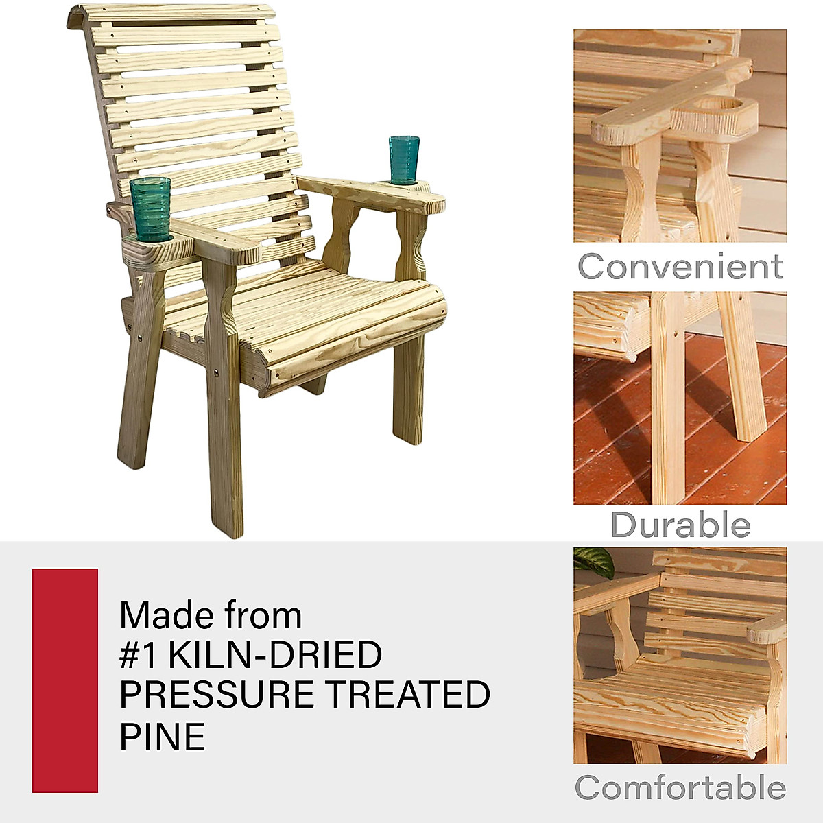 Amish Casual Heavy Duty 600 Lb Roll Back High Back Treated Patio Chair with Cupholders (Unfinished)