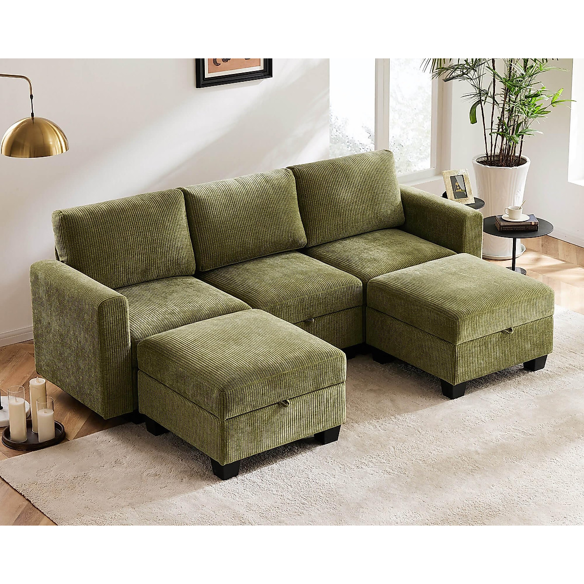 ABCASA Luxury Modular Sectional Sofa w/Storage Seat, 92" U Shaped Modular Couch with Reversible Chaise,5 Seater Sofa for Living Room, Apartment, Compact Spaces - Corduroy Green