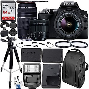 Canon EOS 250D (Rebel SL3) DSLR Camera with 18-55mm & 75-300mm Canon Lenses & Essential Accessory Bundle – Includes: SanDisk Ultra 64GB SDXC Memory Card, Extended Life Spare Battery & More (Renewed)