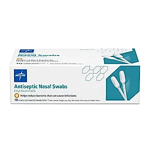 Medline Antiseptic Nasal Swabs, Reduces 99.99% of Bacteria, Presaturated, 62% Ethyl Alcohol, Pleasant Kiwi Scent, Individually Wrapped, 10 Count