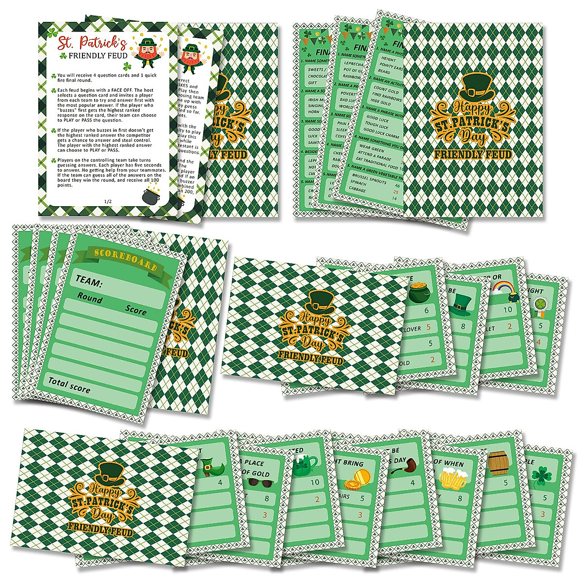 BEUFSE St' Patricks Day Friendly Feud Game Set, St' Patricks Day Party Game Supplies, St' Patricks Day Games for Adults, Feud Quiz, Family Activity, Family Games Night, Fun Holiday Game SC001
