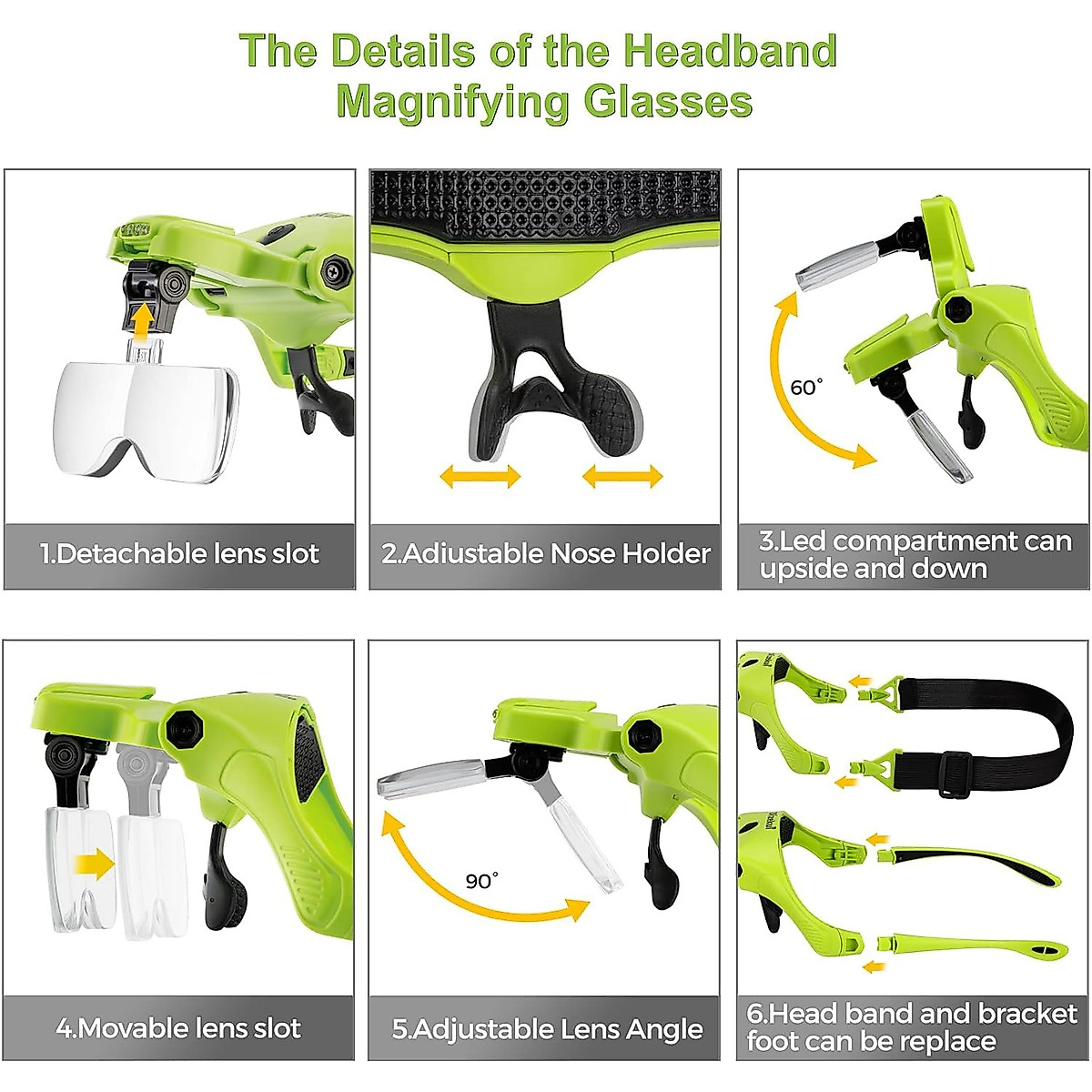 Dilzekui 1X to 3.5X Magnifying Glasses with Light, Rechargeable Magnifying Glass with Carry Case, Detachable 5 Lenses, Headband Magnifier Magnifying Headset for Close Work Jewelry Crafts Hobby