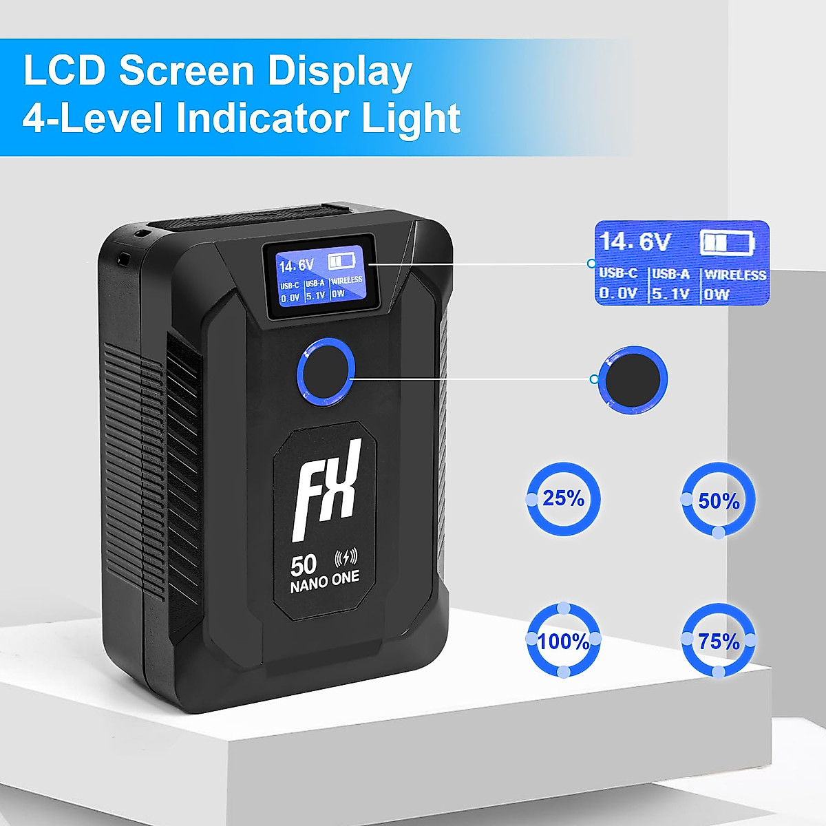 FXLION Nano ONE Upgraded V Mount Battery,50Wh 14.8V 3400mAh V Lock Battery Built-in Wireless Charger,with D-Tap,USB-A,USB-C Ports for Cameras/Camcorders/MacBook/Smartphone/Monitors