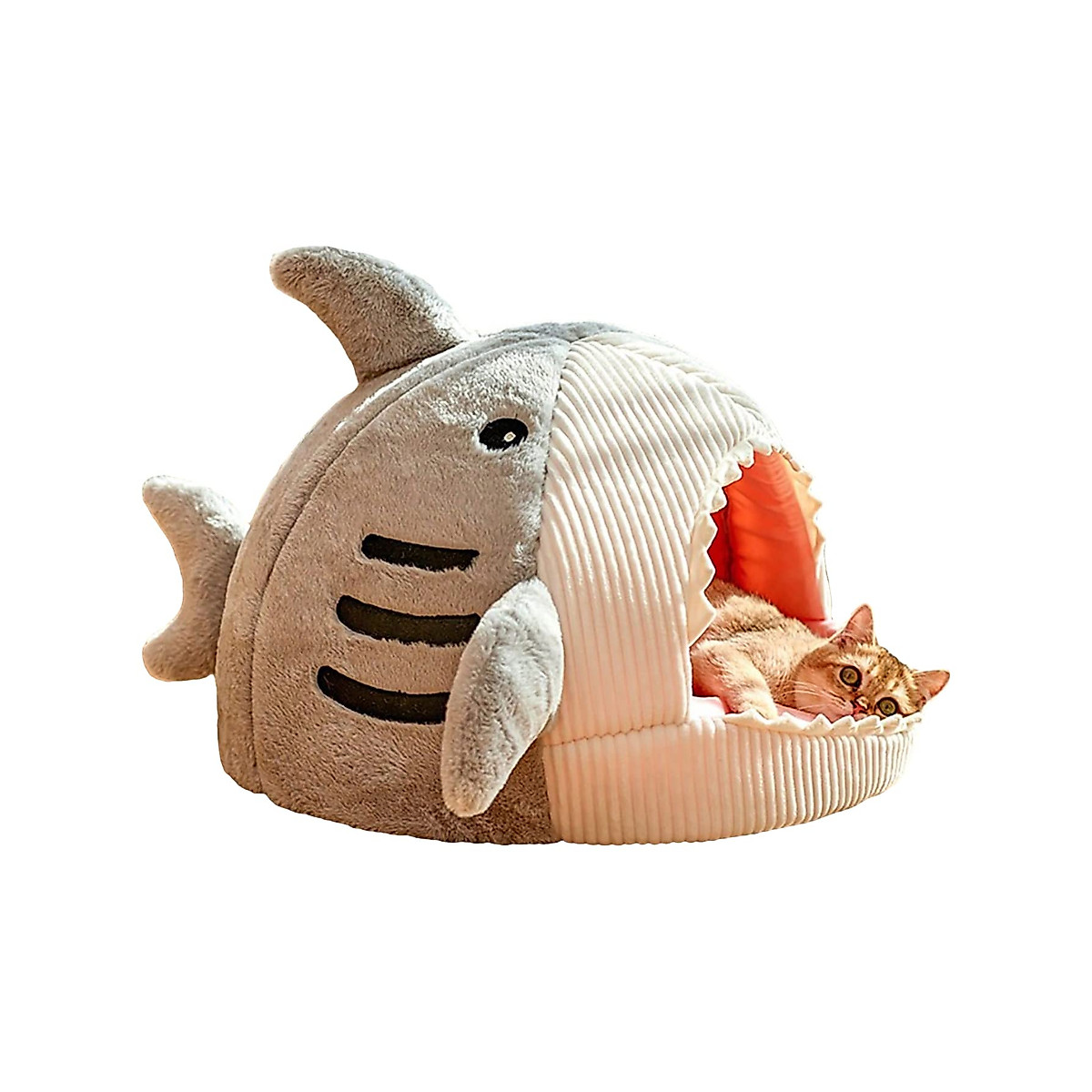 QWINEE Cat Mat Shark-Shaped Kennel Kitten Bed Hideout House Warm Soft Comfortable Semi-Closed Cat Dog Nest Grey Small