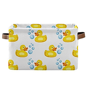 Rectangular Storage Basket Storage Bin - Yellow Rubber Ducks Collapsible Storage Box with Leather Handles Canvas Nursery Boxes Organizer for Shelves/Gift Baskets/Toy Organizer/Baby Room Decor