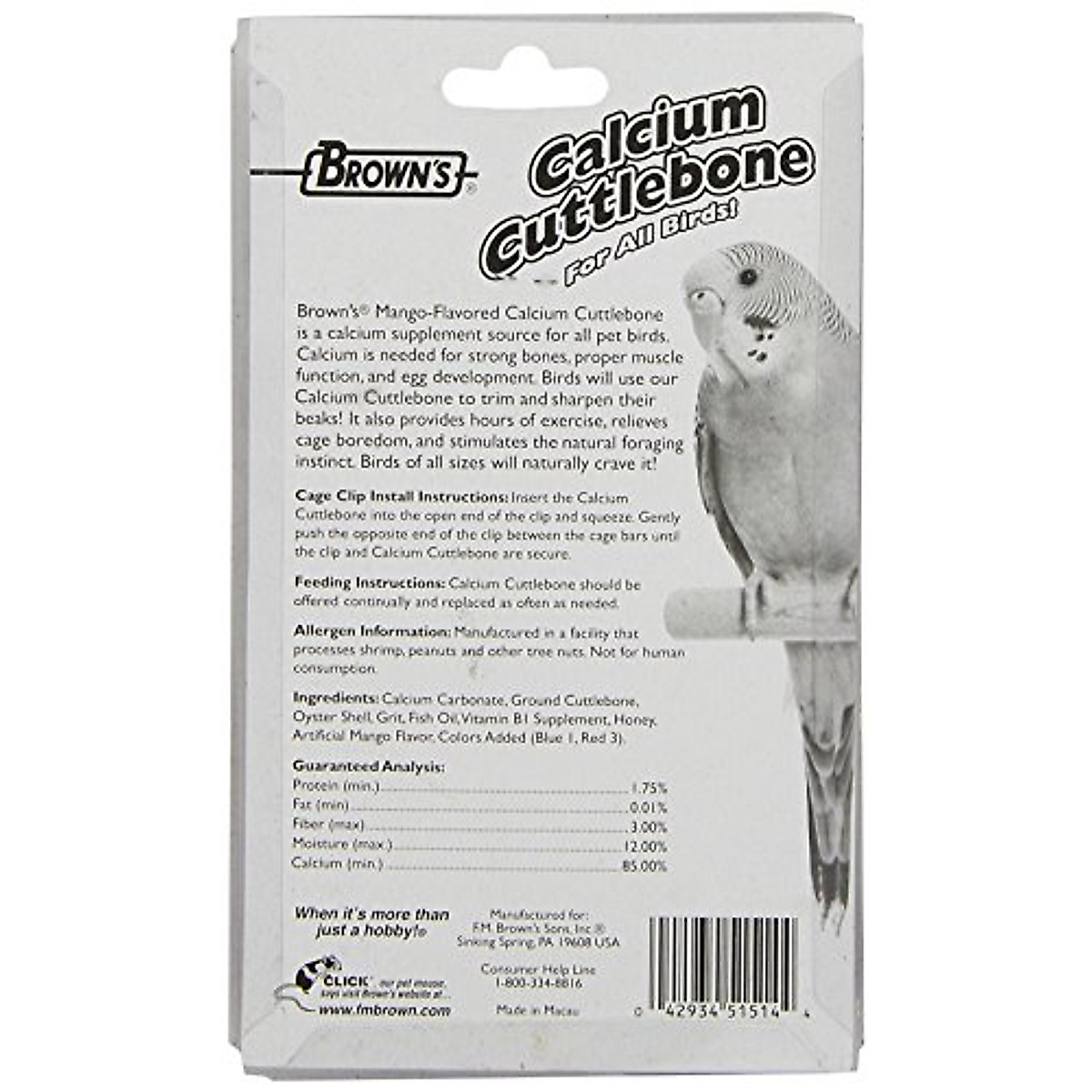 F.M.Brown'S 51514 Brown'S Mango Flavored Calcium Cuttlebone With Clip, 1.25-Ounce