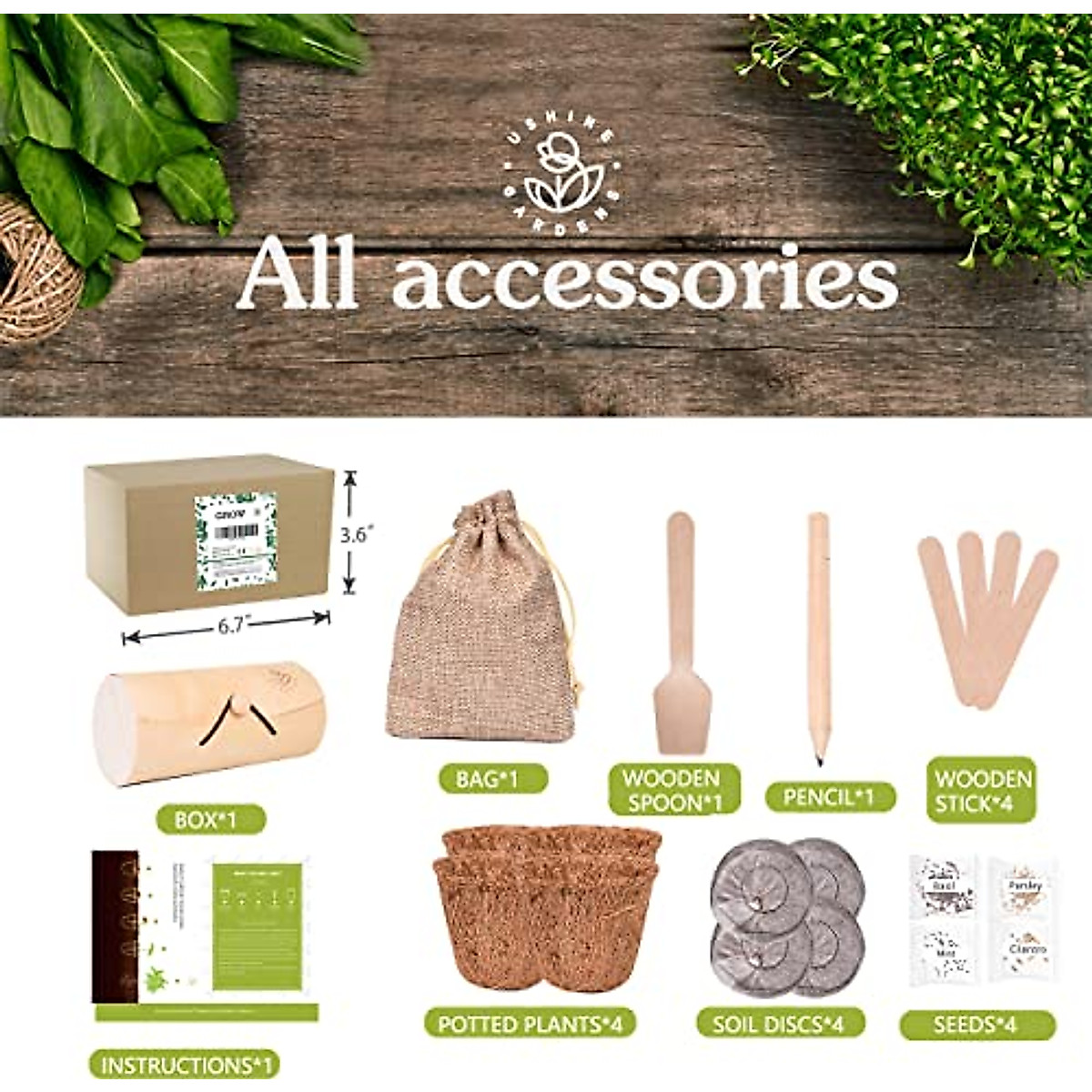 Indoor Herb Garden Starter Kit, Ushine 4 Herb Seeds Grow Kit Basil, Cilantro, Parsley, Mint, DIY Kitchen Plant Grow Kit for Growing Herb Seeds Perfect Gardening Gifts