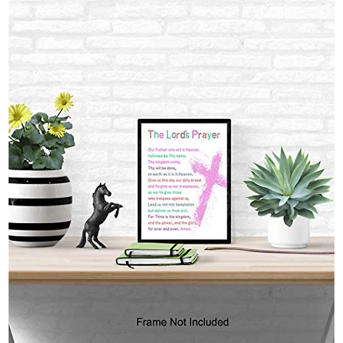 Lords Prayer Bible Verse Wall Art - Religious Scripture Girls Bedroom Decor - Christian Daughter Gifts for Toddler, Baby Girls Room - Blessed Church Sunday School Kids Decorations - Pink Cross Poster