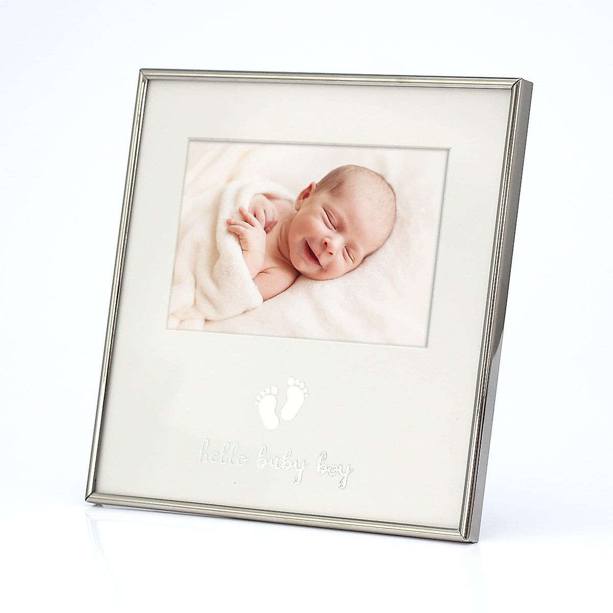 MIMOSA MOMENTS Metal 8''x 8'' Silver-tone with Silver Foil Baby Footprint Photo Frame, The Boys Picture Frame Matted 6''x4''Photo Display (4x6 horizontal, Silver-tone)